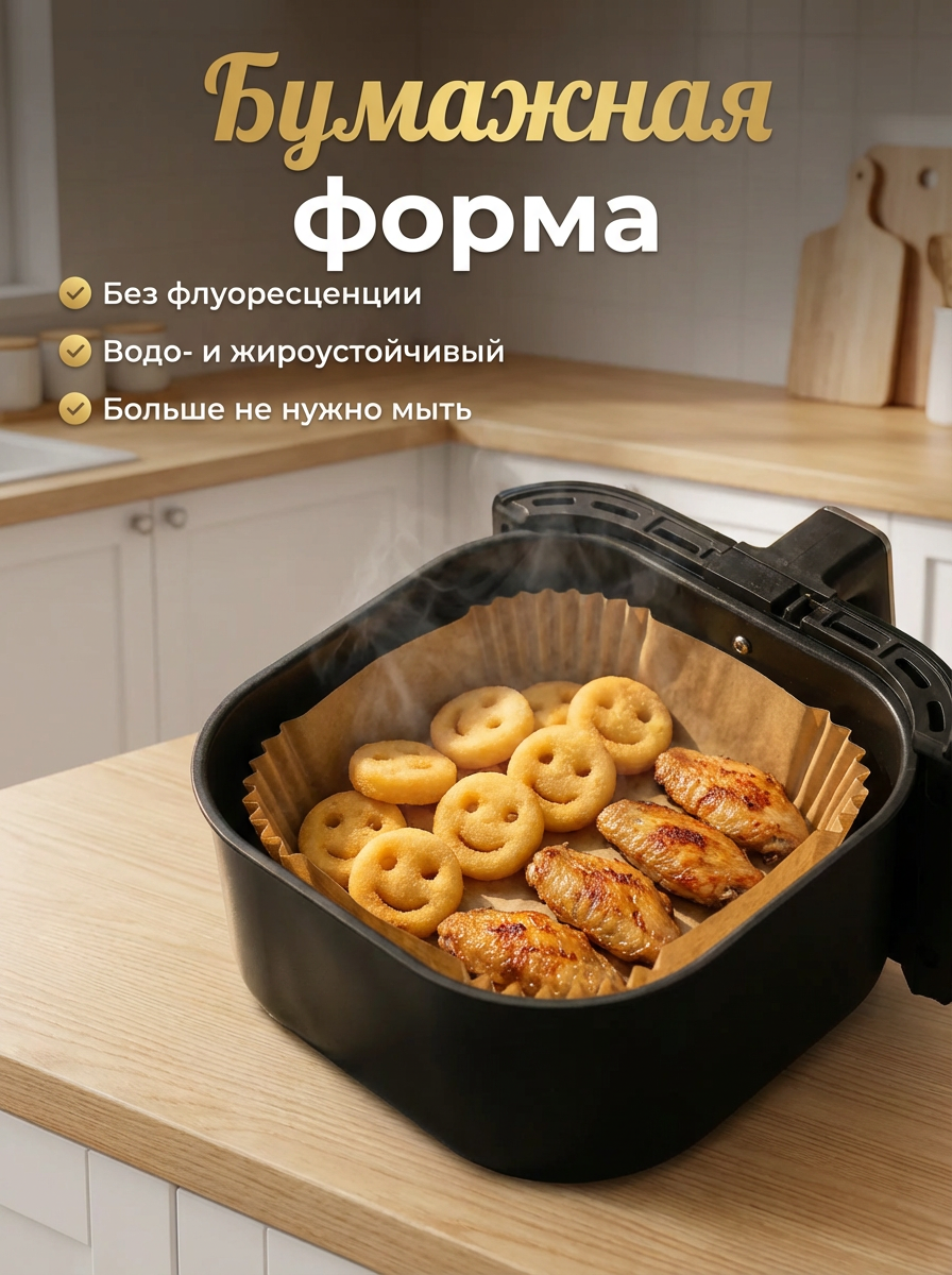 Пергамент вкладыш для аэрогриля, пергаментная бумага для выпечки, форма для выпечки бумажная, цвет бежевый, 20 см, 50 шт