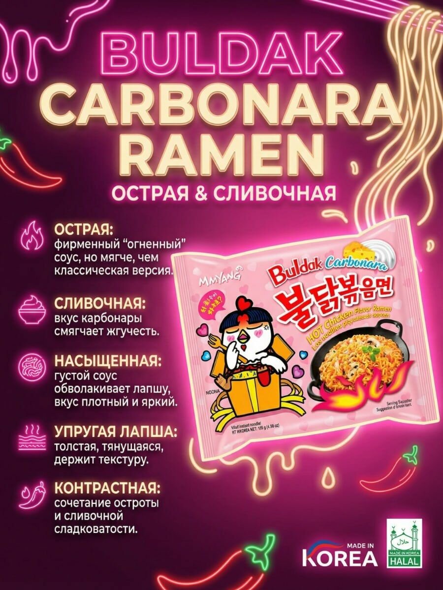 Лапша рамен со вкусом острой курицы Бульдак в сливочном соусе Карбонара с грибами Carbonara Buldak, Самянг, Корея, 130 г