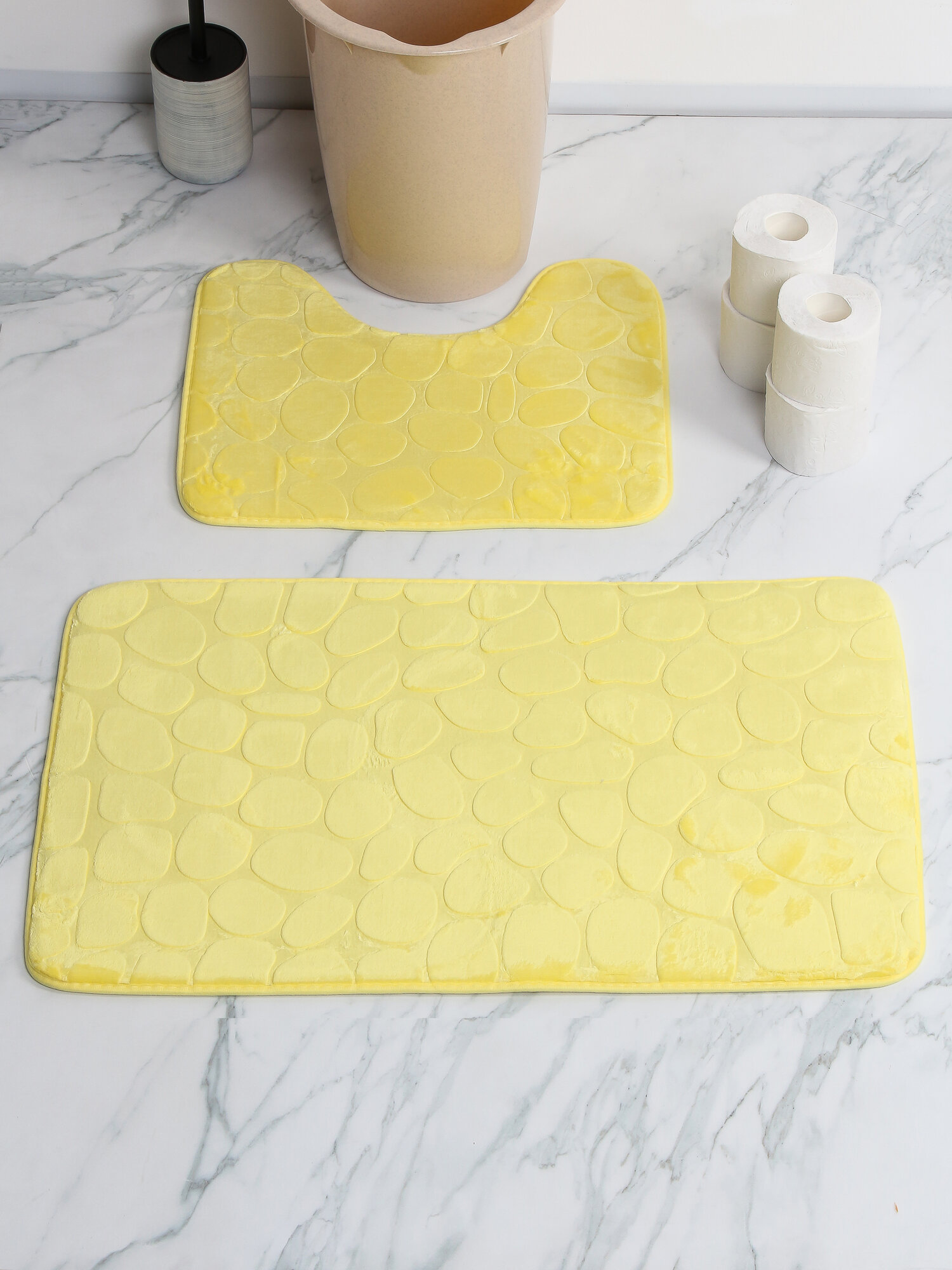 Набор желтых ковриков для ванной и туалета Камешки 2 шт, 50х80 и 40х50 см, влаговпитывающий полиэстер, модель Y4-11226