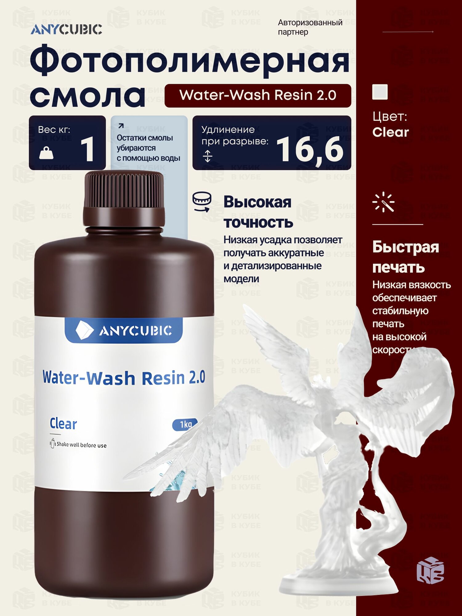 Фотополимерная смола Anycubic Water-Wash 2.0 Resin+ Clear (Clear / Прозрачная) для 3D (3д) принтера, 1 литр