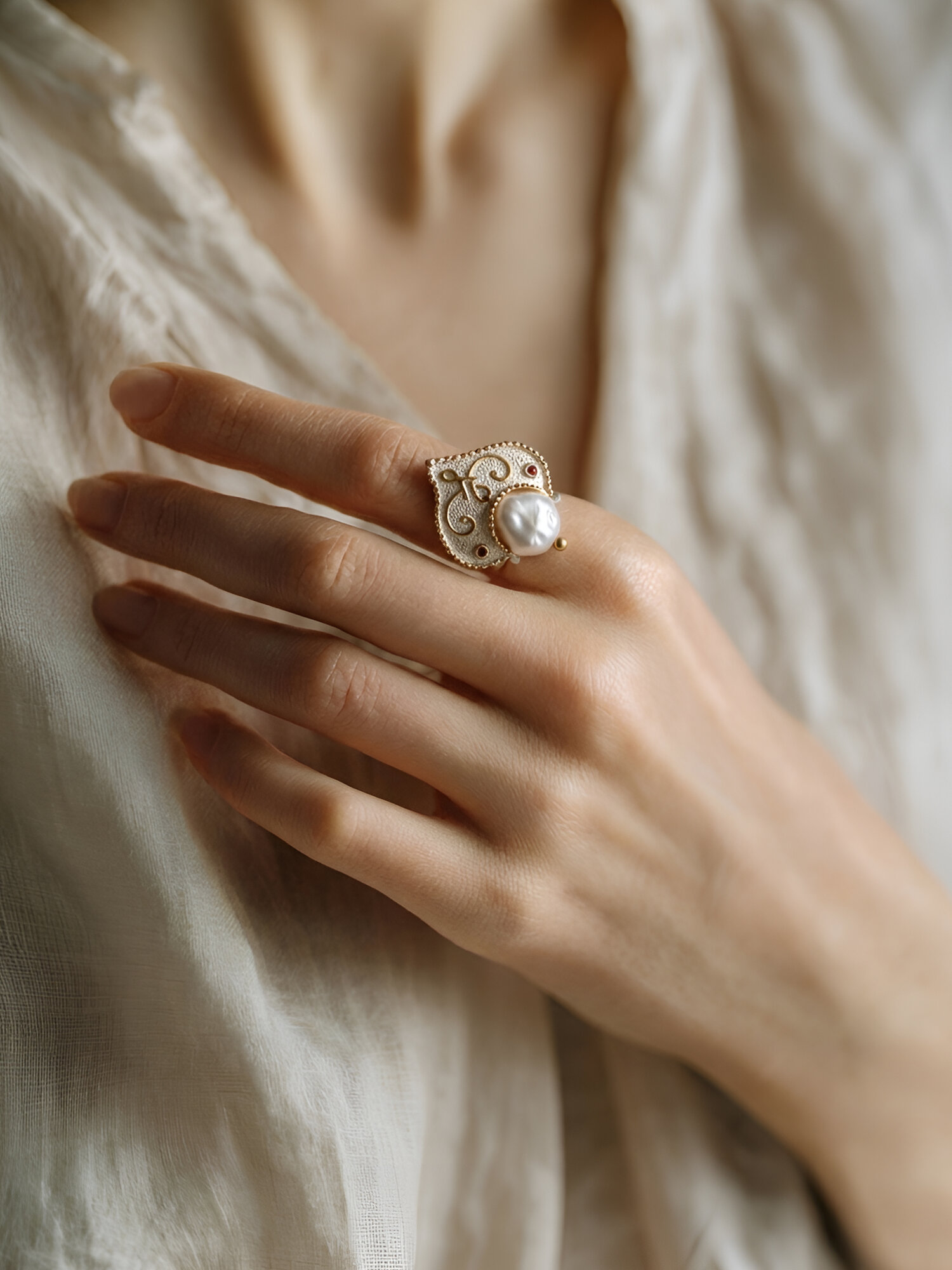 Перстень, серебро, 925 проба, серебрение, золочение, гранат, жемчуг