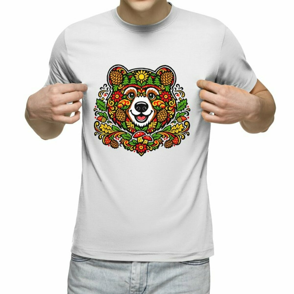 Мужская футболка «Хохлома: Русский лесной медведь добряк в узоре» (белый, 2XL)