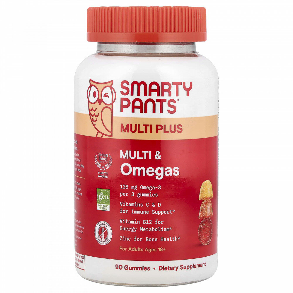 SmartyPants, Multi Plus, мультивитамины и омега, жевательные таблетки, лимон, апельсин и клубника с бананом, 90 жевательных таблеток