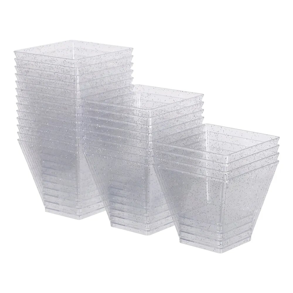 Набор квадратных прозрачных пластиковых сладких стаканчиков с серебристым блеском, 60 мл, 25 штук для лабораторий