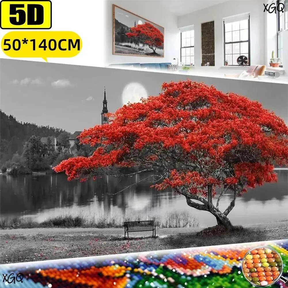 140X50 CM/Алмазная мозаика "Дерево с красными листьями" / Алмазная вышивка / Круглая картина стразами Полная выкладка 140х50 см размер холста, 130х40 см размер картины(без подрамника, без рамки)