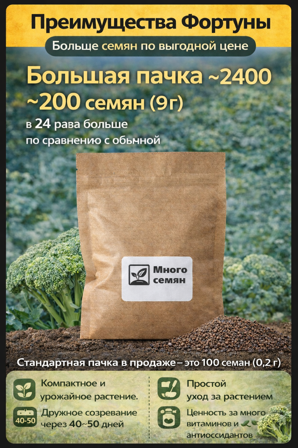 Семена капусты брокколи "Фортуна" 9 гр (~2400 семян)