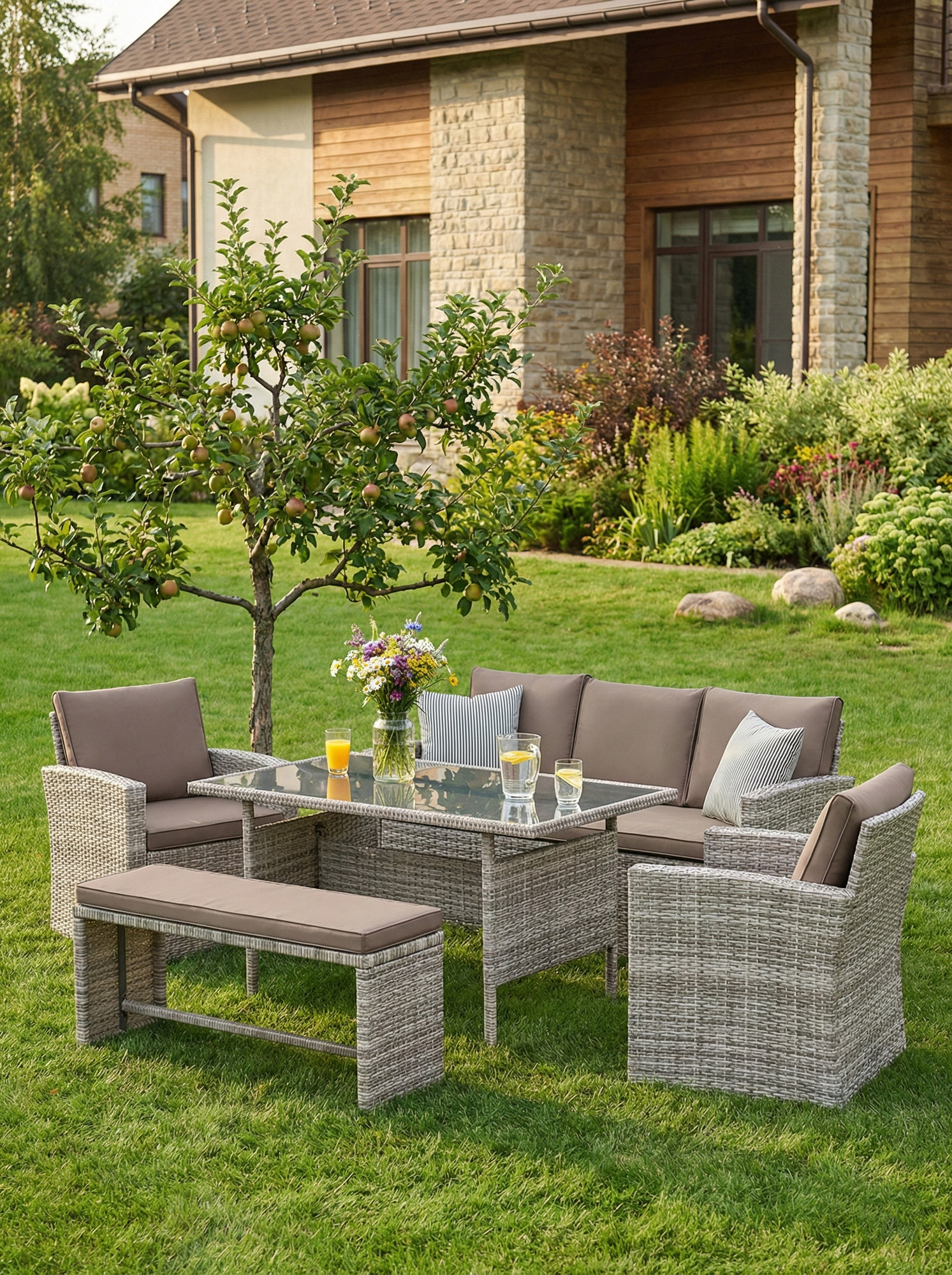 Комплект садовой мебели для дачи Римини-7, классик из искусственного ротанга, серо-бежевый