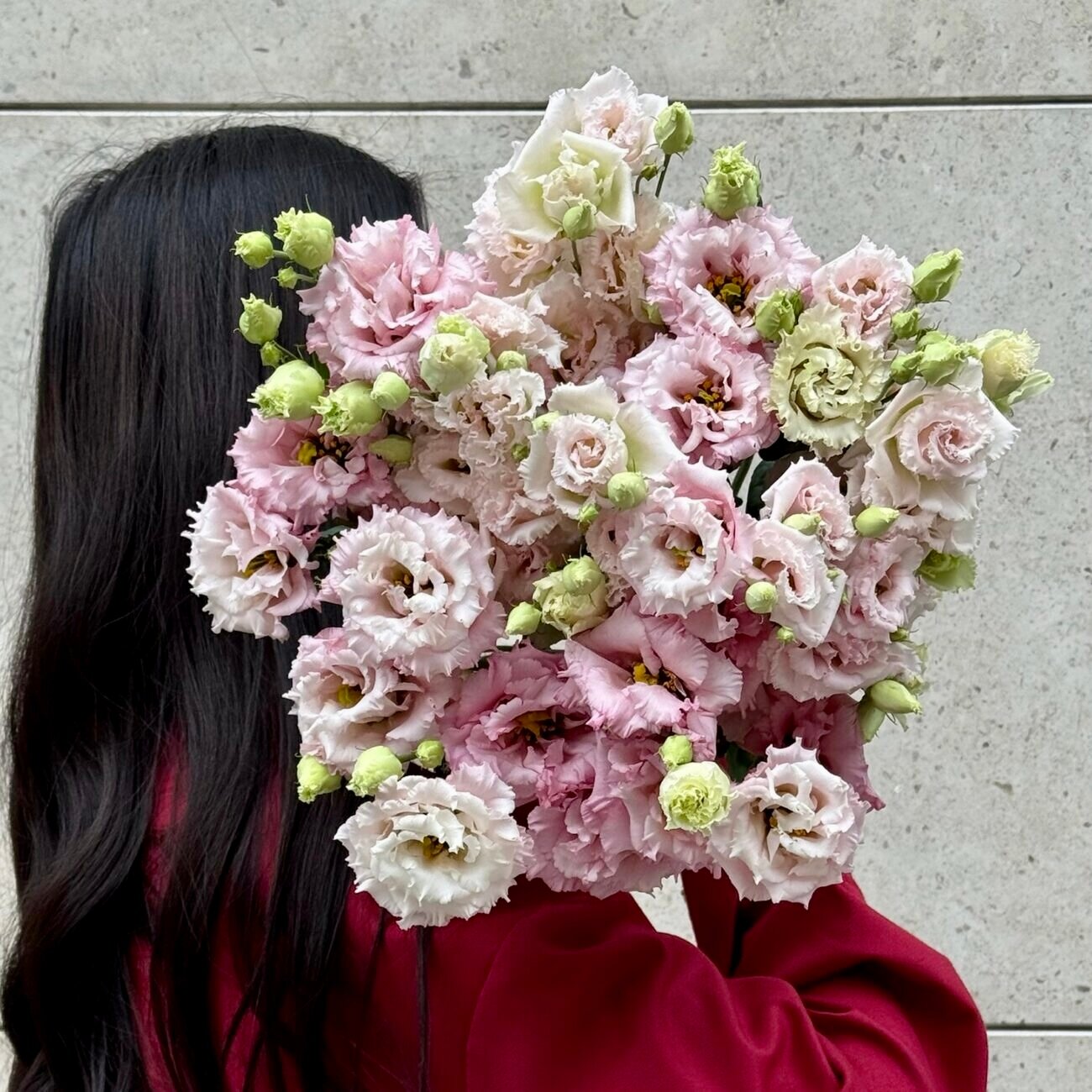 Монобукет "Эустома", махровые, под ленту, 9шт, розовые, белые, бежевые