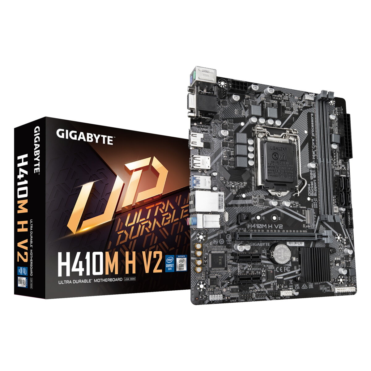 Материнская плата Gigabyte H410M H V2 2.1, || Socket 1200, Intel®Q470, 2xDDR4-2666, D-SUB+HDMI, 1xPCI-Ex16, 2xPCI-Ex1, 4xSATA3, 1xM.2, 8 Ch Audio, GLan, (4+2)xUSB2.0, (2+2)xUSB3.2, 1xPS/2, mATX, RTL {10} уц-2-2