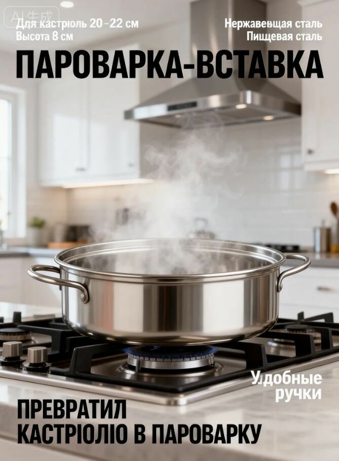 Пароварка-вставка для кастрюли 20-22 см из нержавеющей стали, насадка для приготовления на пару, мантоварка, дуршлаг с ручками
