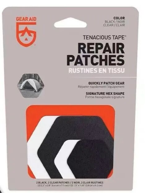 Клейкие заплатки Tenacious Tape Repair Patches (Gear Aid, черный+прозрачный, шестиугольные, различные размеры)