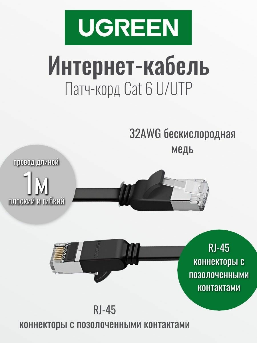 Патч-корд Ugreen NW101 (50184), 1 м, черный плоский Cat 6 U/UTP