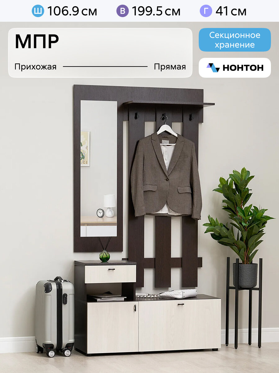 Прихожая с зеркалом и обувницей Нонтон венге / ясень анкор светлый 106.9x41x199.5 см