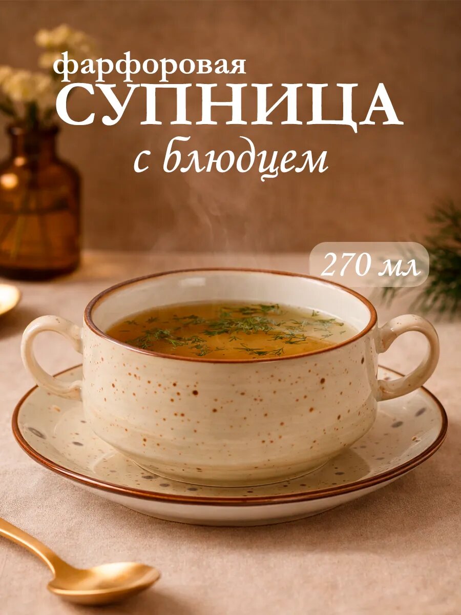 Бульонница с блюдцем Magistro Mediterana, 270 мл, фарфор, бежевая