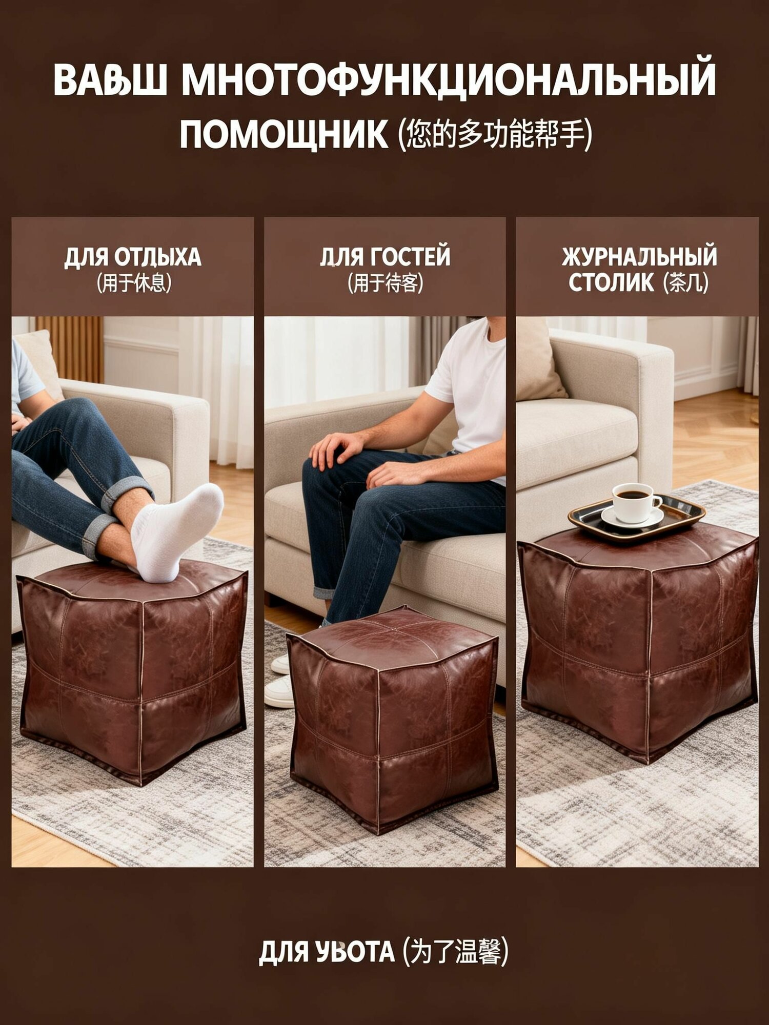 Чехол для пуфа GEALFIS 40х40х40 см из экокожи — марокканский квадратный, без наполнителя, для гостиной и спальни