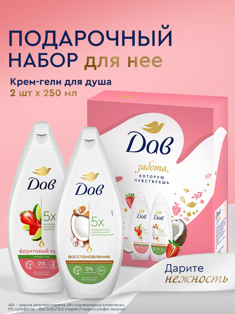 Дав Подарочный набор Фруктовое настроение: крем гель для душа женский Клубника и лайм + Ритуал красоты Восстановление 250+250 мл