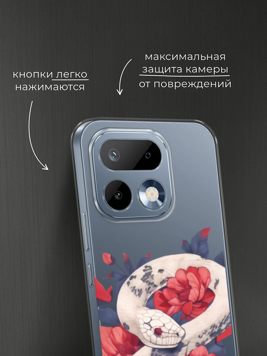 Чехол на Realme 16 Pro / Реалме 16 Про с принтом Белая змея в цветах, прозрачный — фото 1