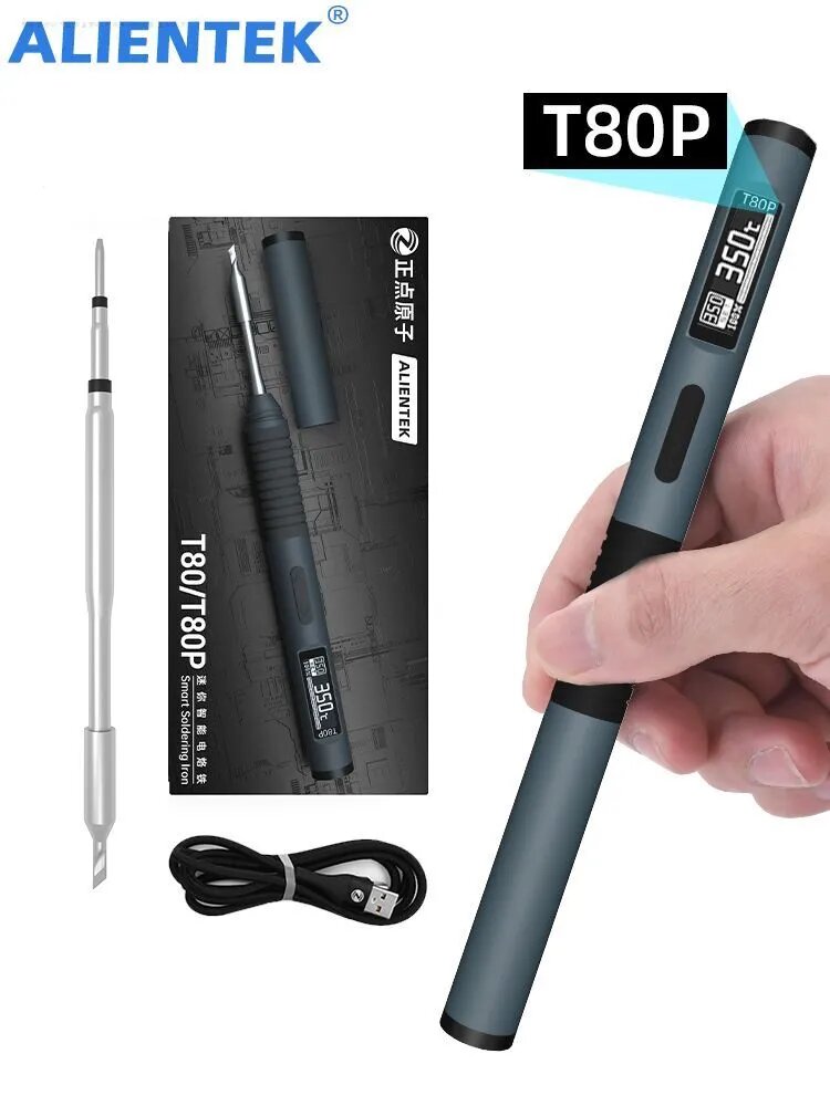 ALIENTEK T80P Паяльник 100 Вт с OLED экраном, 4 предмета, USB Type-C, регулировка температуры, Хаки