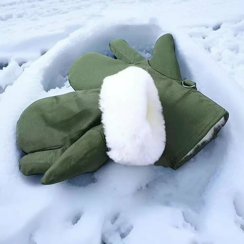 Трёхпалые варежки зелёные утеплённые бархат для работы на улице