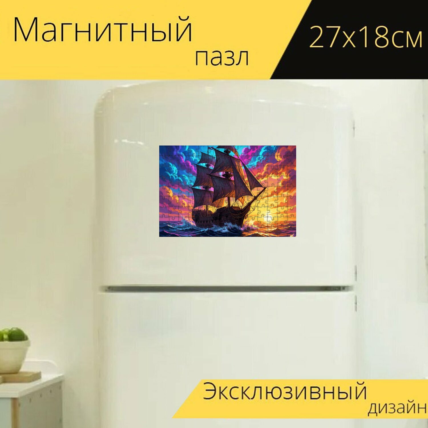Магнитный пазл "Парусник в ярком закате. Морской сюжет с большим деревянным кораблём под наполненными ветром парусами, бурными волнами и драматичным." на холодильник 27 x 18 см.