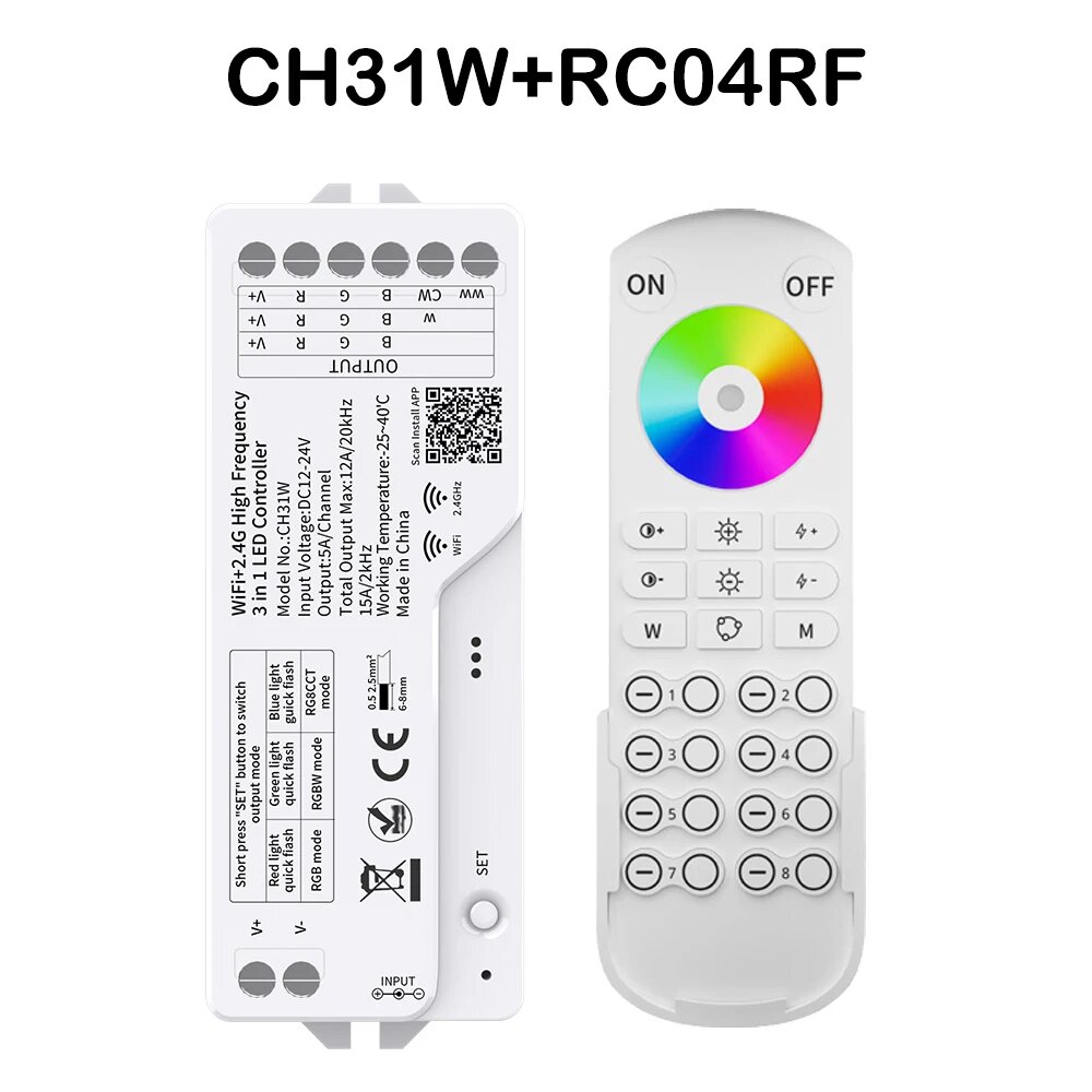 Xnbada RGB-контроллер 2.4G WIFI CH21W CH31W для светодиодной ленты 12-24В Белый, CH31W And RC04RF