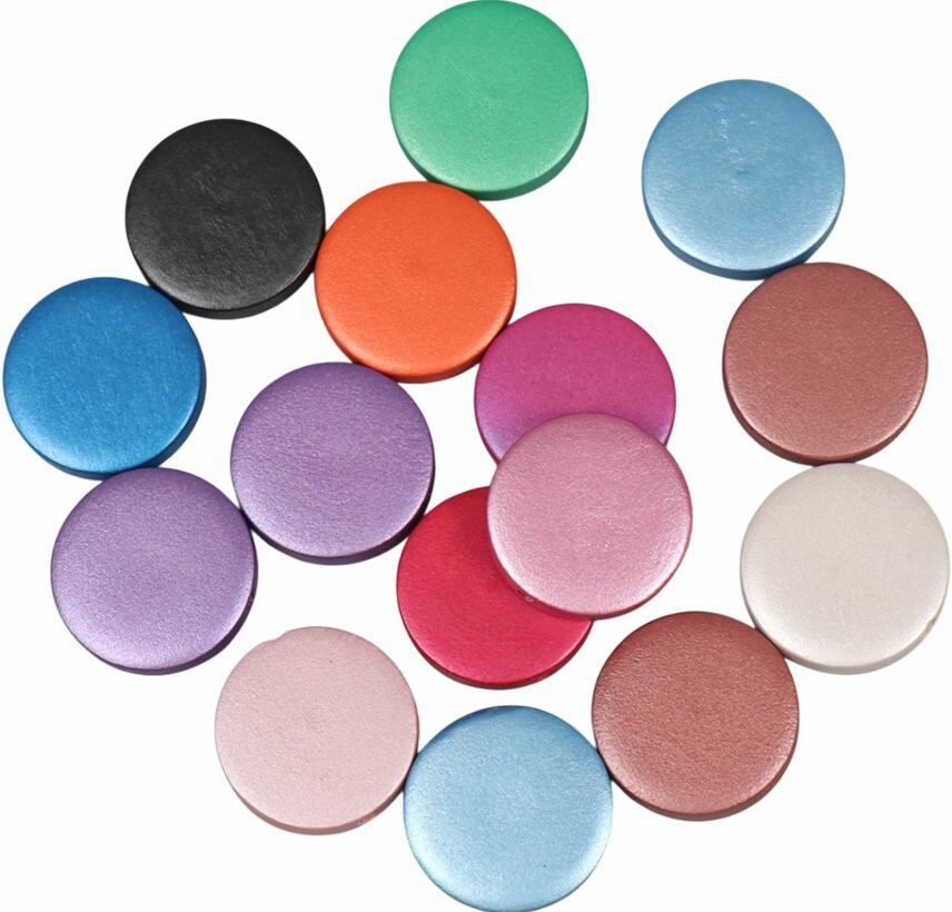 Бусины деревянные круглые 20 мм "Металлик плоский" для творчества, набор разноцветных бусинок для рукоделия и украшений, бусинки из дерева - 15 штук