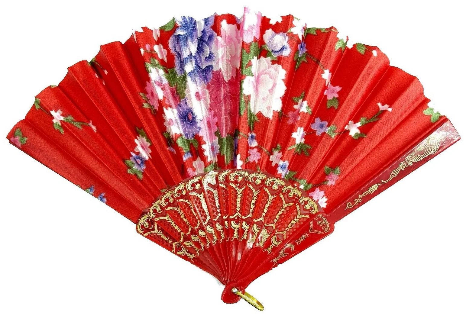 Складной веер, ручная работа, тканевая основа, красный, длина 23