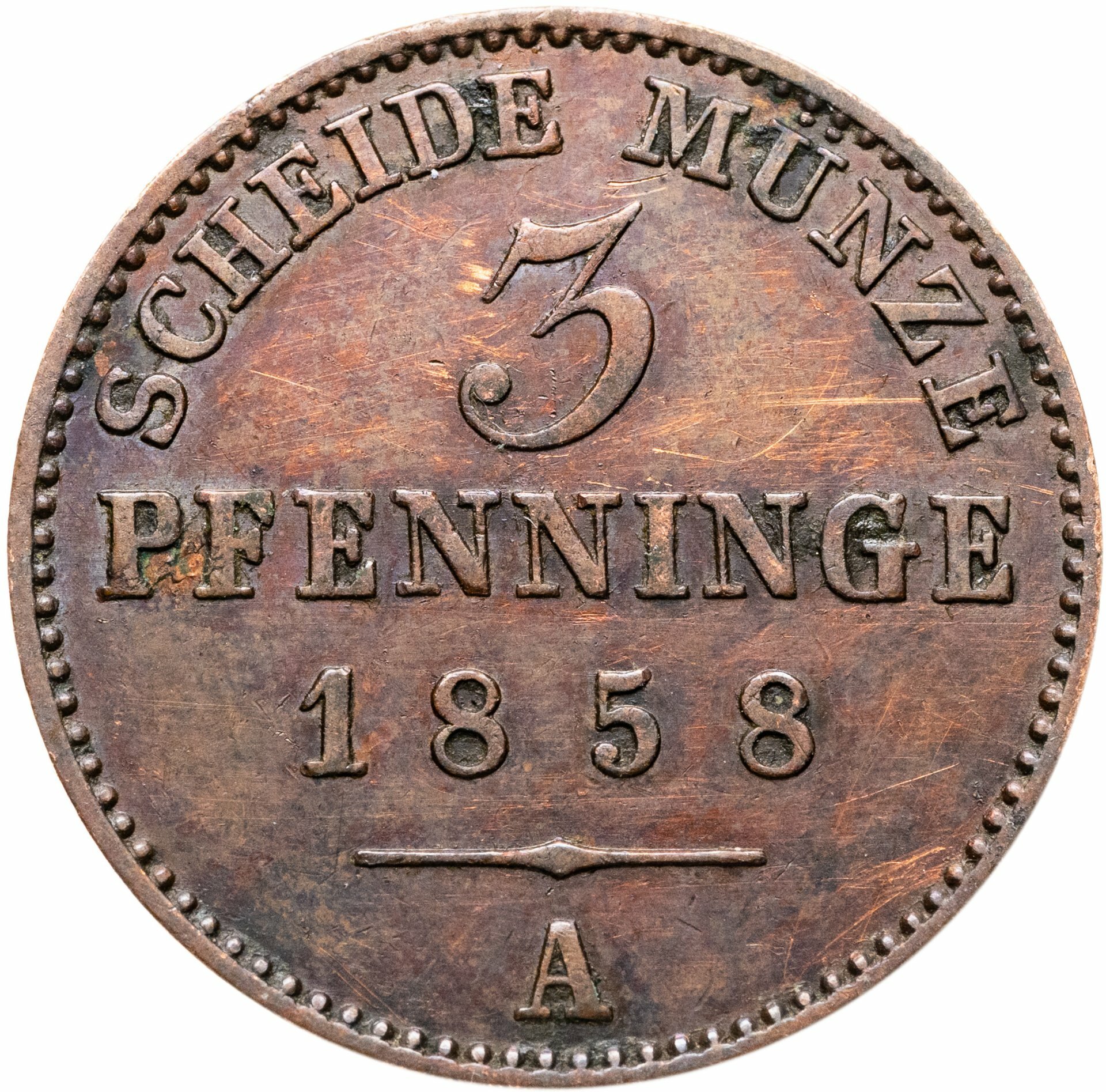 Германия, Пруссия 3 пфеннинга 1858 А, Медь, в сохранности XF