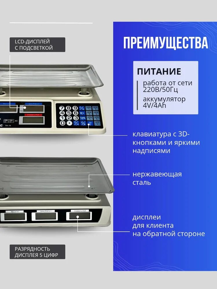 Электронные торговые весы Виктория 40 кг, нержавеющая сталь, настольные, от сети и аккумулятора — фото 1