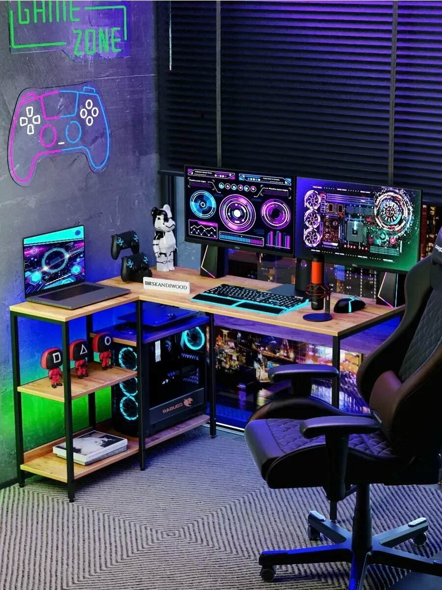 Стол компьютерный игровой угловой с полками лофт письменный для школьника для геймера