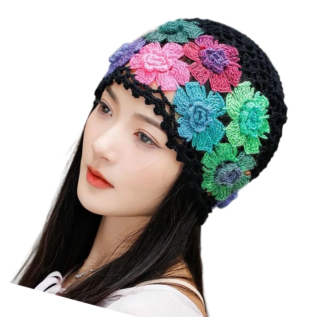 Хлопчатобумажная вязаная крючком шляпа без полей с выдолбленным цветочным рисунком, повседневная кепка-череп для летних каникул, женская повседневная одежда