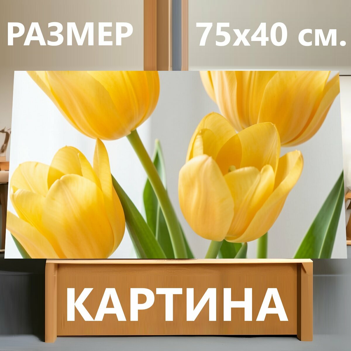 Картина на холсте "Жёлтые тюльпаны в мягком свете. Нежные весенние цветы в тёплых золотистых оттенках, крупные лепестки и сочная зелёная листва." на подрамнике 75х40 см. для интерьера