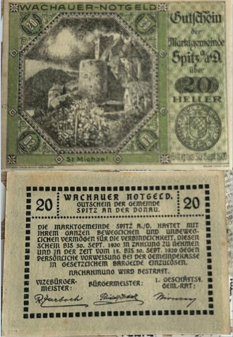 Австрия 20 геллеров 1920 Вахау aUNC