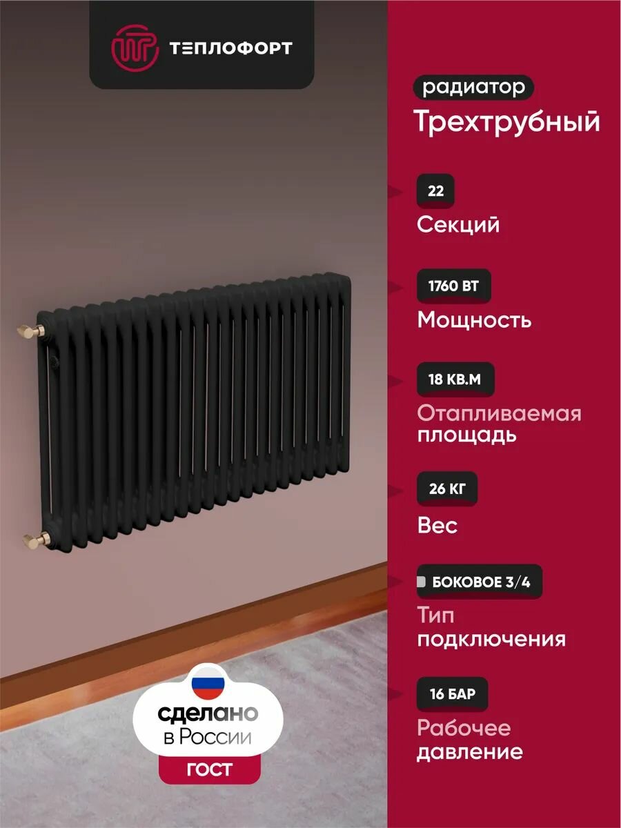 Трубчатый радиатор трехтрубный, боковое, 22 секций, черный