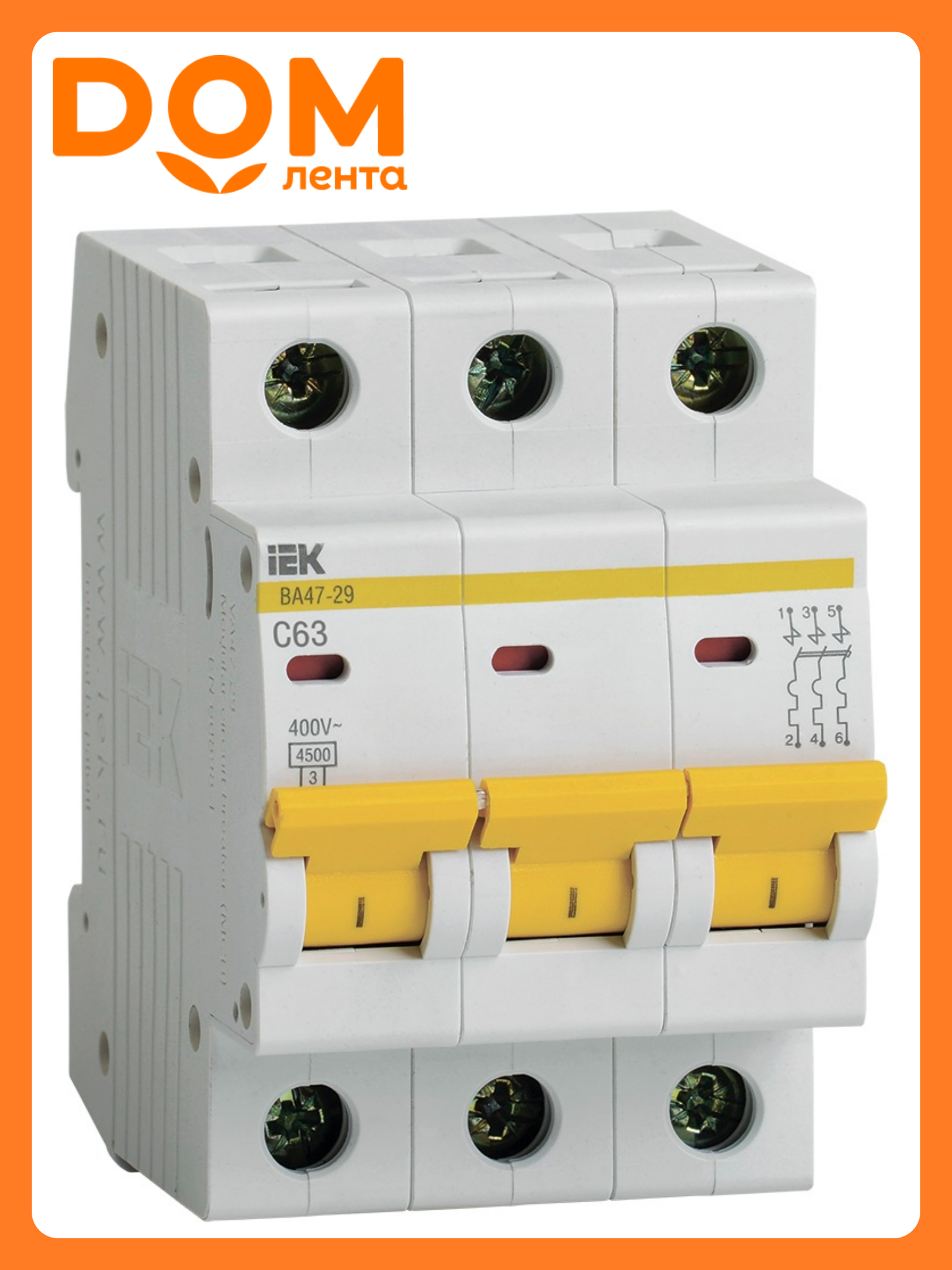 Автоматический выключатель IEK ВА47-29, 3P, 63A, 4500A, C, термомагнитный, IP20