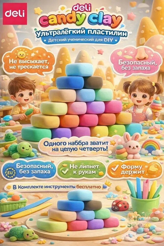 Candy clay набор, самозатвердевающая глина для лепки, детский набор для творчества