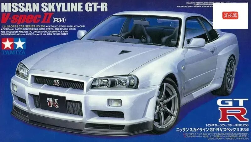 Сборная модель автомобиля Tamiya 24258 1/24 Nissan Skyline GT-R R34 V-Spec II, гоночный автомобиль, ABS пластик, 800 г