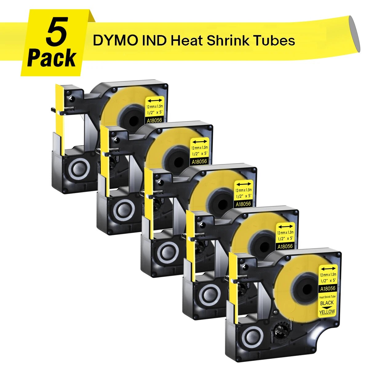 5 шт. Термоусадочная лента DYMO Rhino 12 мм, черная на желтой