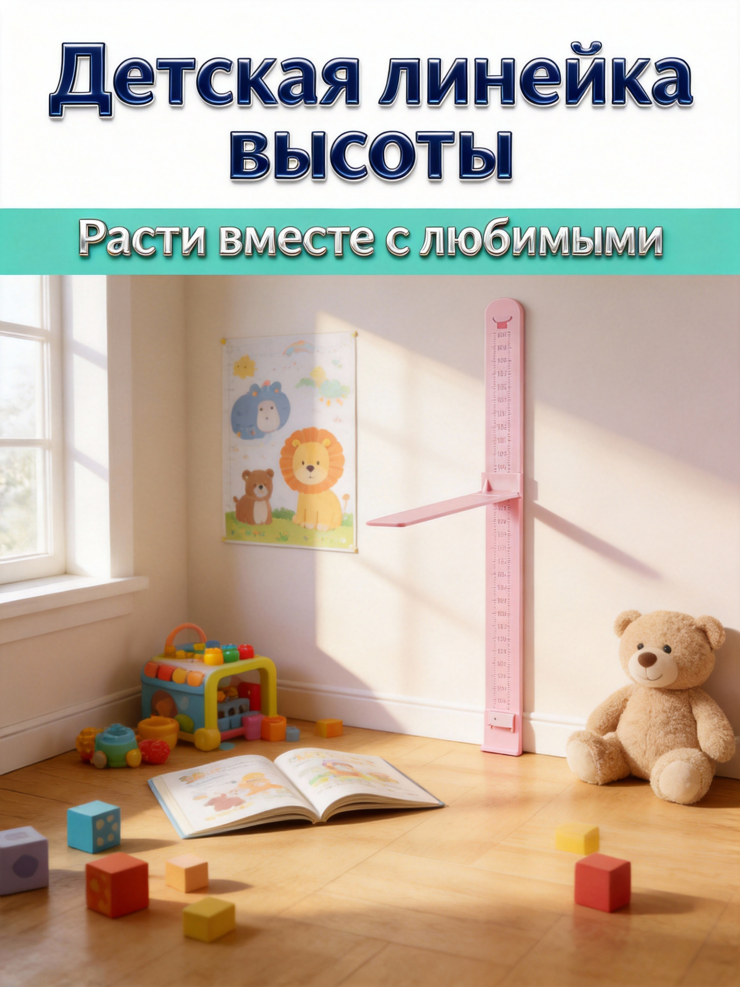 Детская линейка высоты, настенный ростомер 0-200 см из АБС с откидной заглушкой и сборкой из 5 секций по 41,5 см для комнаты и гостиной