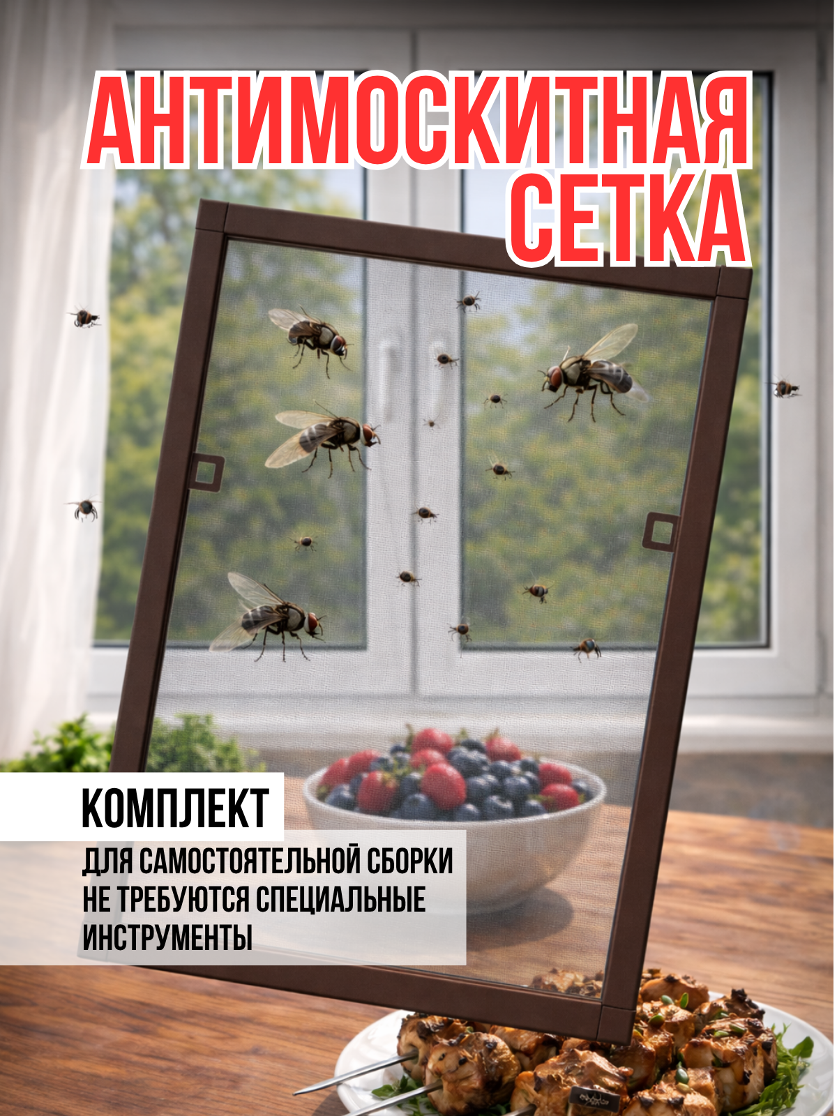 Москитная сетка 1420х880 мм, на окна и двери, комплект для самостоятельной сборки, коричневая рамка