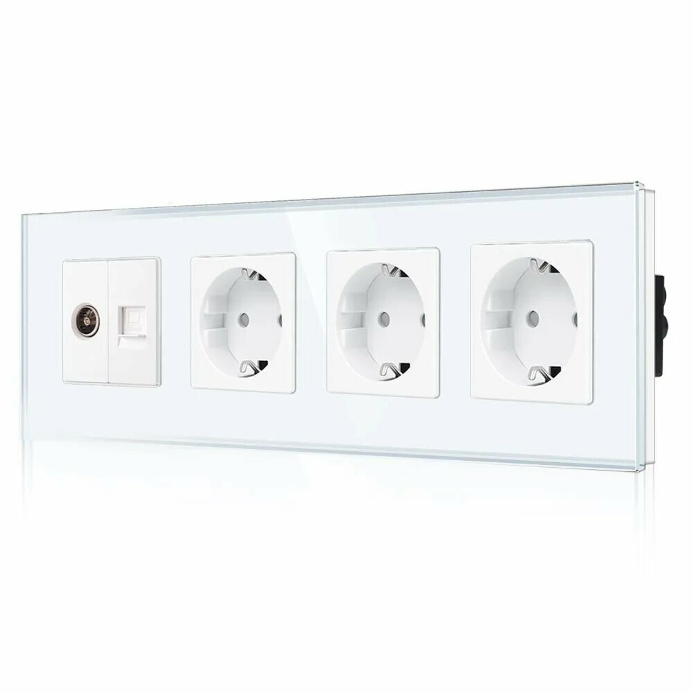 Розетка тройная заземлением для тв и RJ 45 Ethernet, белый стеклянная.