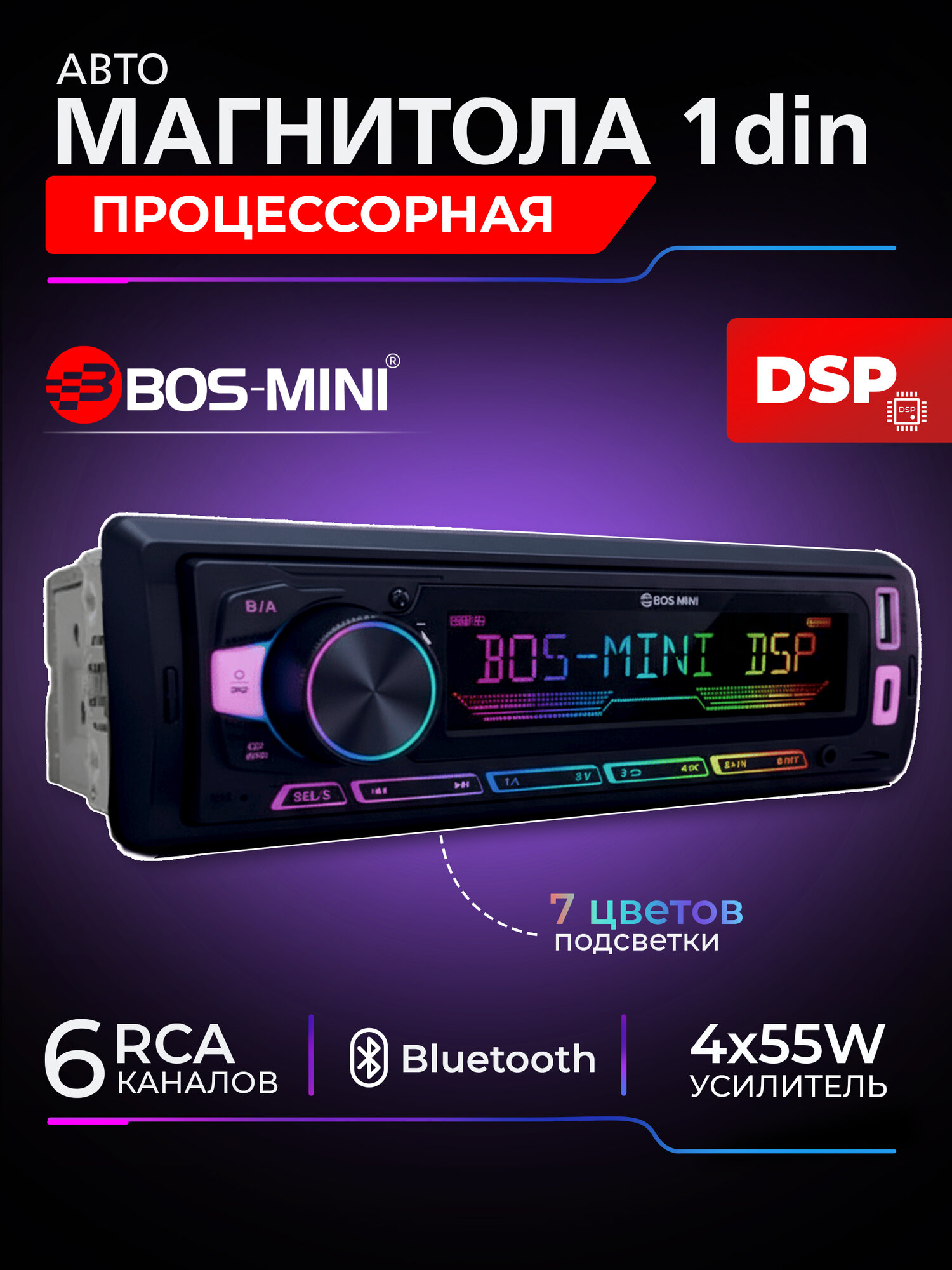Магнитола процессорная для авто с блютуз BOS-MINI 1din