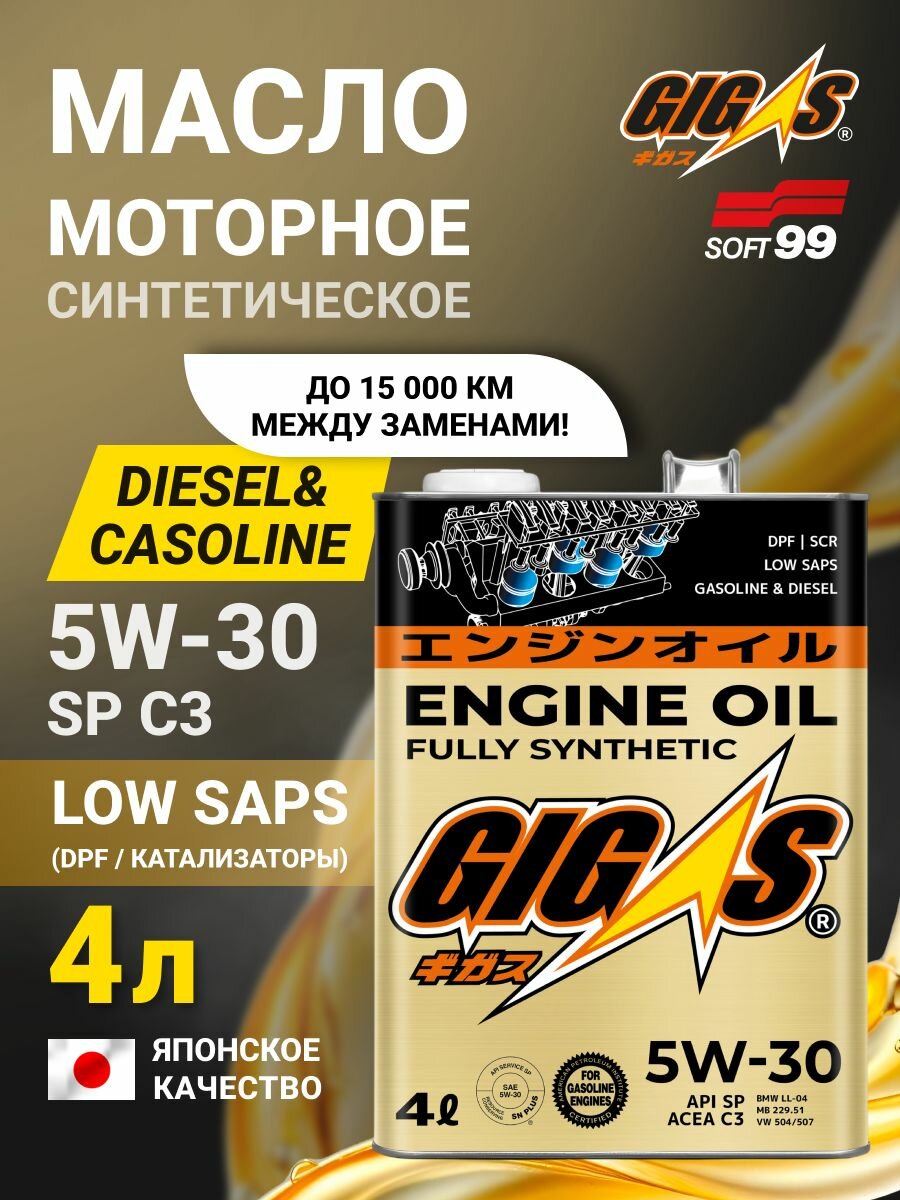 Масло моторное GIGAS 5W-30 SP C3 синтетическое, японское, для дизельных и бензиновых двигателей, Low SAPS, 4 л