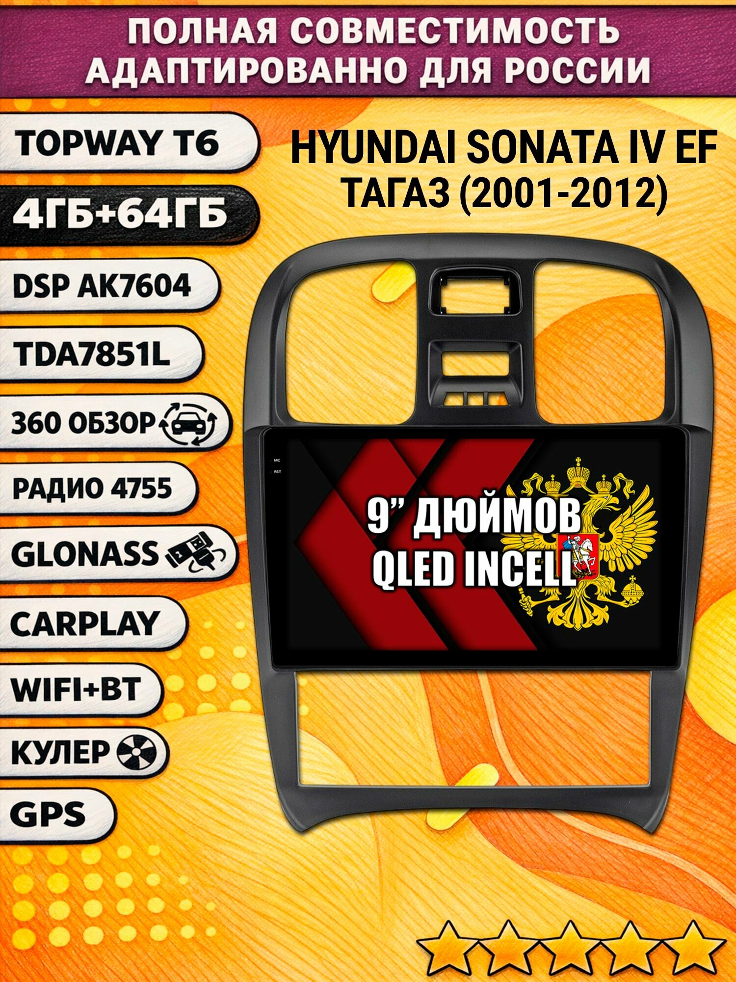 Штатная Андроид магнитола для HYUNDAI SONATA IV (EF), тагаз (2001-2012), 4/64гб, 360 обзор, DSP, беспроводной CarPlay/Android Auto, GPS/ГЛОНАСС