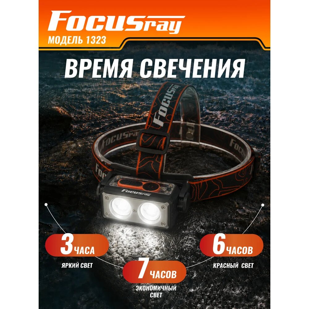 Налобный аккумуляторный фонарь 1322 акку 18650 1200мАh 200люмен, цифровой дисплей, USB кабель Focusray 890392 — фото 1
