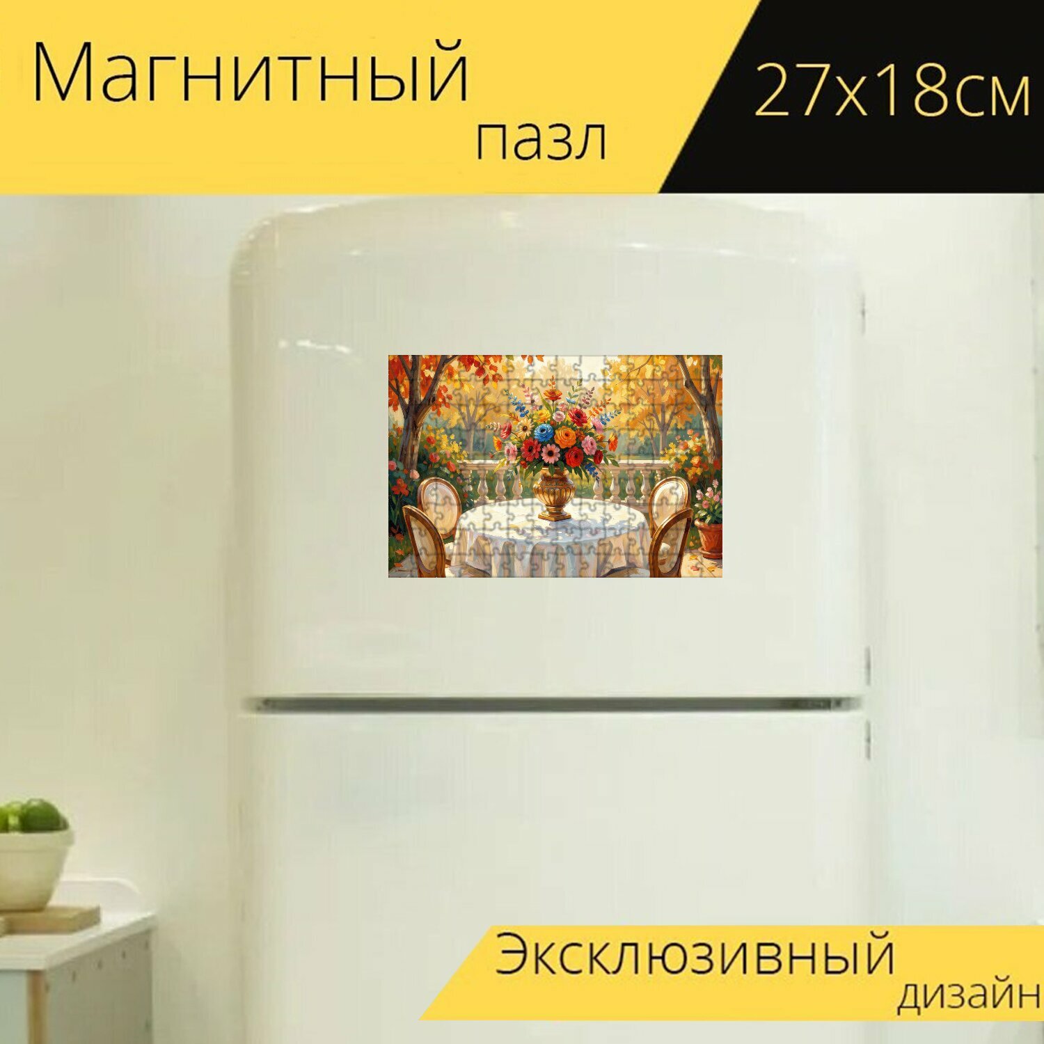 Магнитный пазл "Осенний сад с цветочной композицией. Уютная терраса в золотой осенней палитре: накрытый стол, изящные стулья, пышный букет в вазе, мягкий." на холодильник 27 x 18 см.