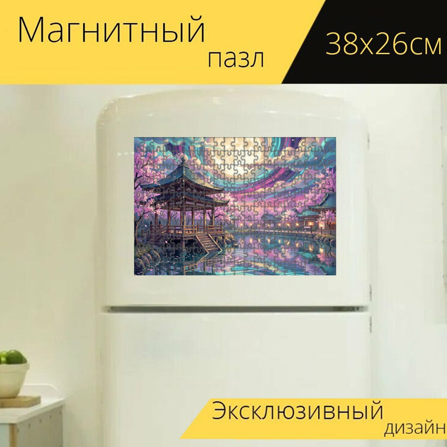 Магнитный пазл "Японский сад под полной луной. Фантазийный восточный пейзаж с пагодой, цветущими деревьями, зеркальным прудом и огромным светилом в небе." для интерьера, 38х26 см.
