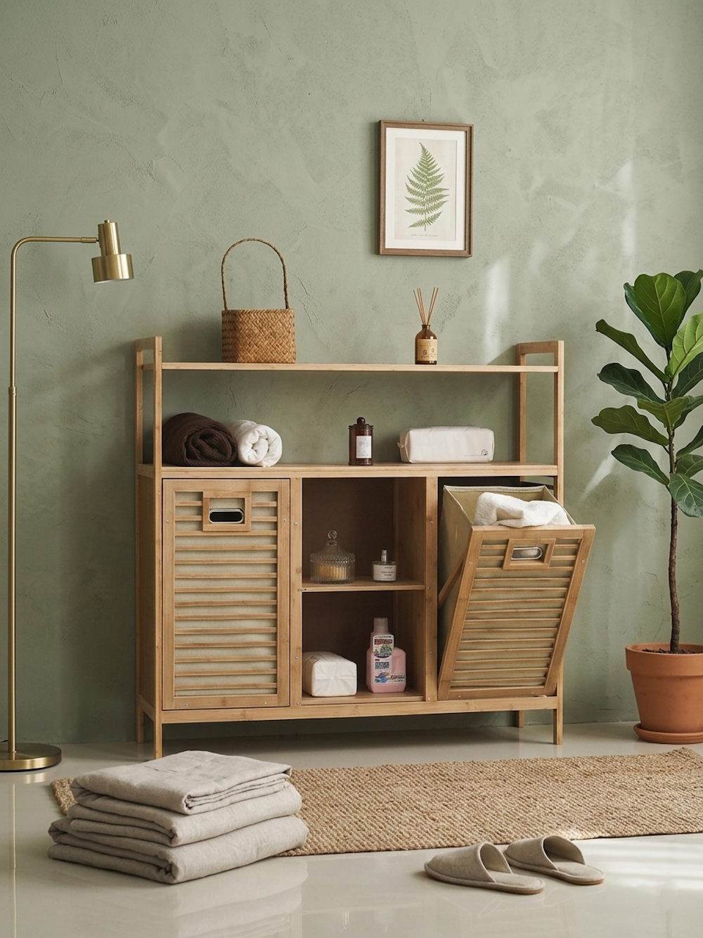 Стеллаж для ванной с корзиной для белья из бамбука, 100x30x95 см, Bambuchka
