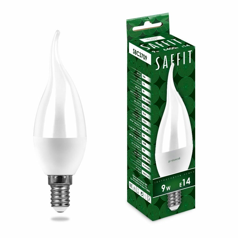 Лампа светодиодная SBC3709 Свеча на ветру E14 9W 230V 6400K комплект 10 штук SAFFIT 55173