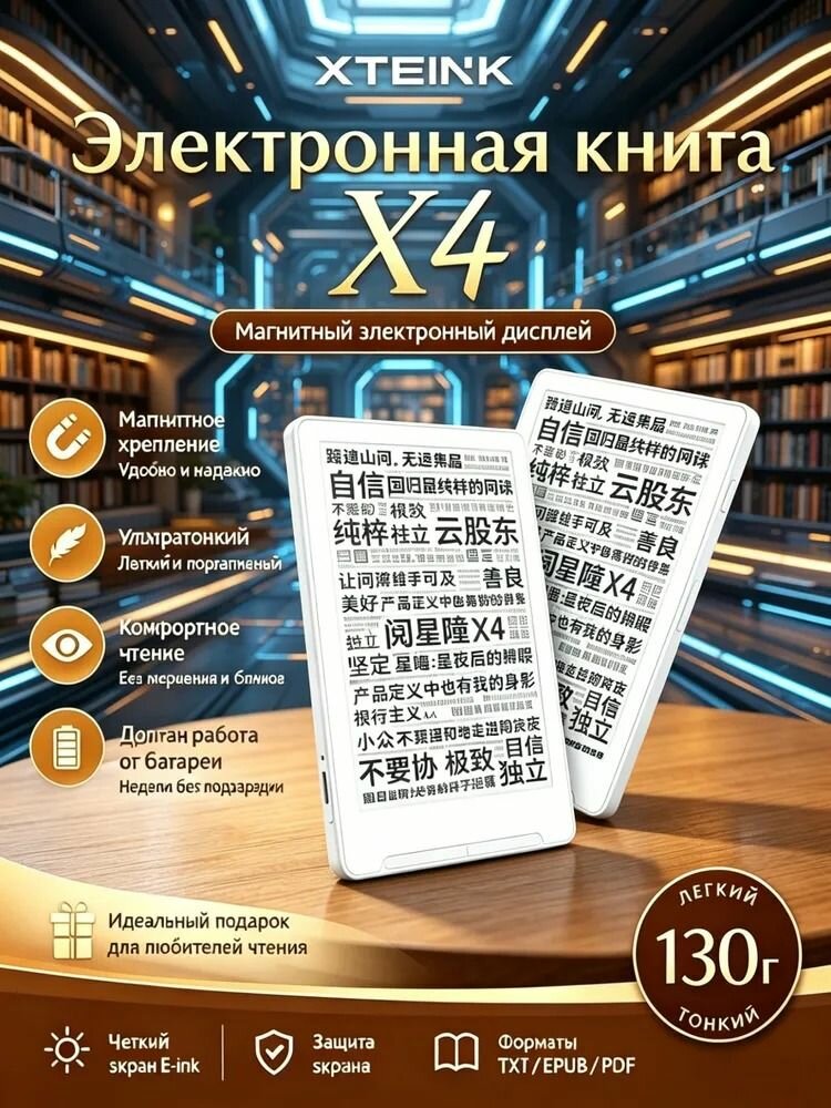 Электронная книга 4.3 дюйма E-ink монохромный экран, 16 ГБ, Bluetooth, USB Type-C, белый